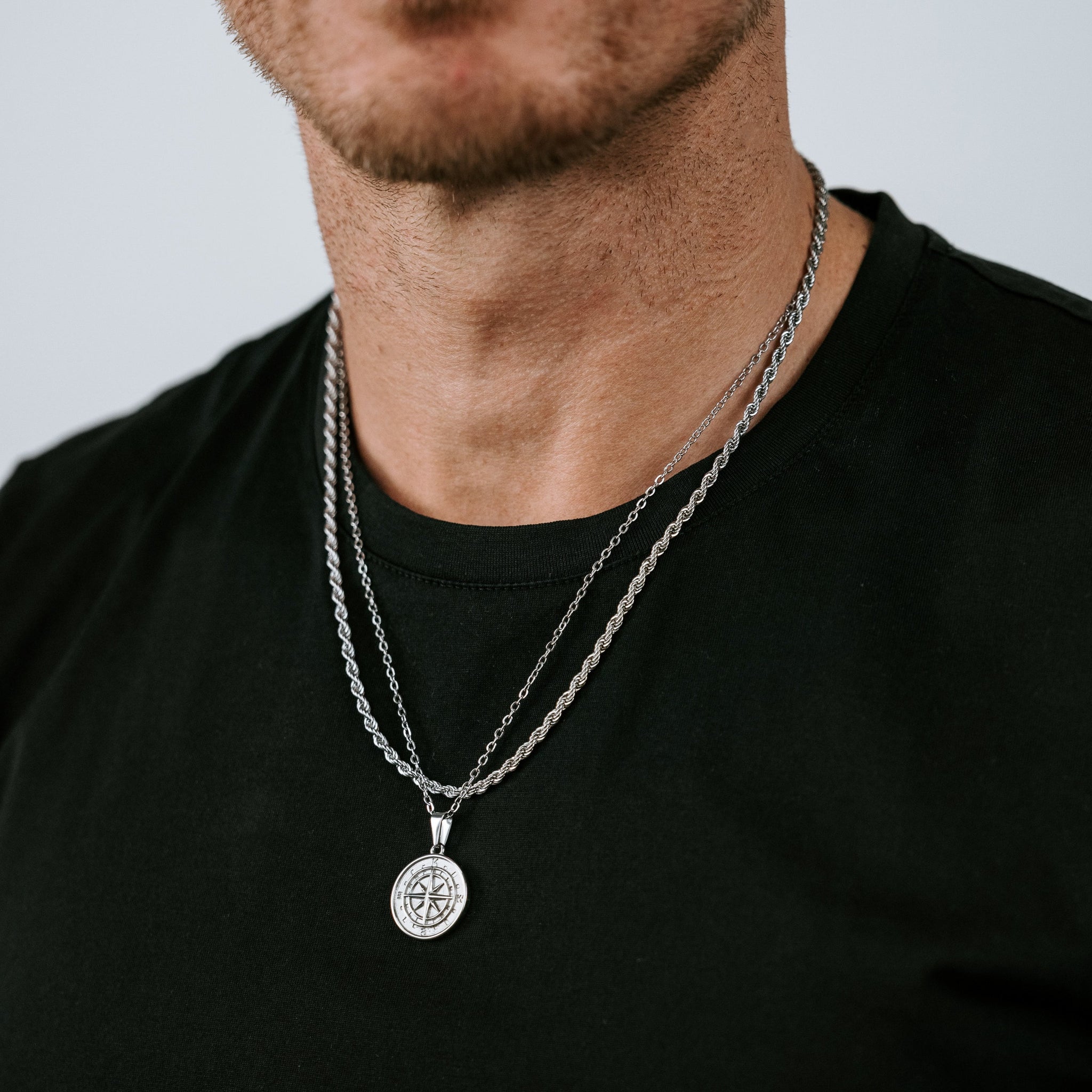 James set Stainless Steel Silver Travel Compass pendant Necklaces Set